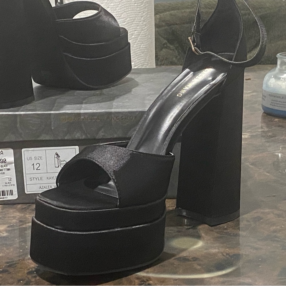 Azalea Wang Satin Peep Toe Platforms - Gem